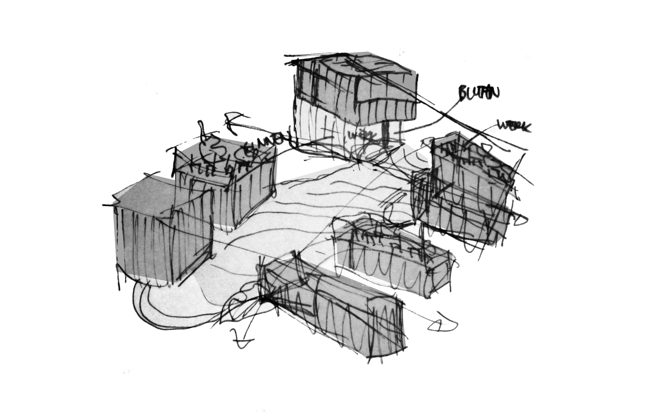 Sketch – organic auditorium floor with rectangular building blocks ...